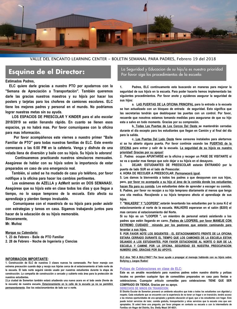 February 20th Parent Weekly Bulletin -Spanish | Encanto Learning Center