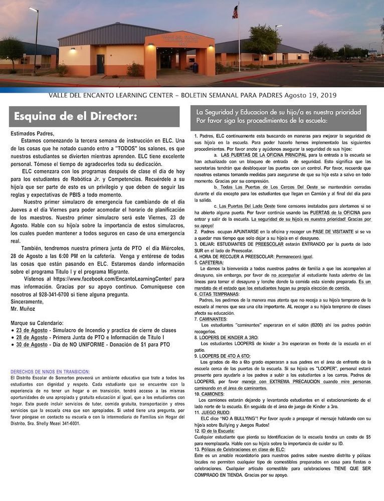 August 19th - Parent Weekly Bulletin - Spanish | Encanto Learning Center